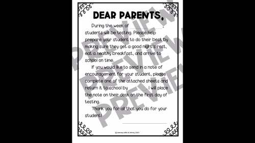 Testing Encouragement Note Testing Letter Home Motivational Testing Notes