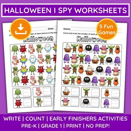 Halloween I Spy Worksheets Counting & Math Activity Kindergarten PreK ...