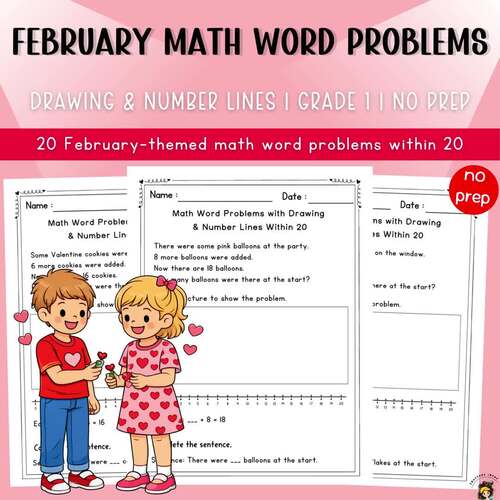 February Math Word Problems Within 20 | Drawing & Number Lines | Grade 1