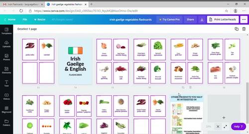 Irish Gaeilge Vegetables flashcards by Language Forum | TpT