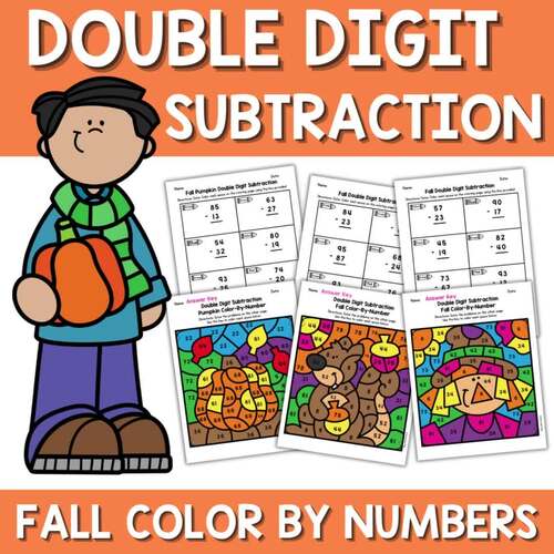 Fall Double Digit Subtraction Color By Number Worksheets Bundle 2 Digit ...