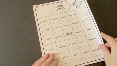 Suffix Game | BINGO | -ly, -less, -ful, -ment, -ness, -able, -y, -en ...