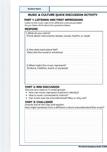 Music & Identity Reflection Activity SEL & Cultural Connection Music ...