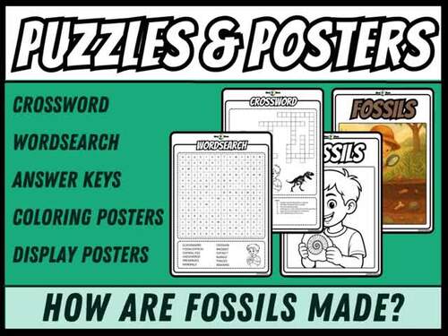 Fossils | Crossword, Wordsearch, Coloring & Display Posters | Grade 2/3