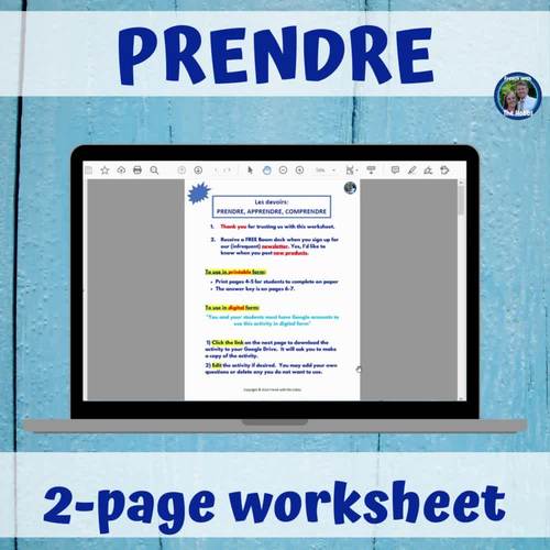 French PRENDRE Present Tense Irregular Verb Printable & Digital Worksheet