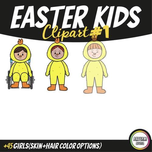 Easter Girls Costumes ClipArt- Diverse Spring Kids in Bunny, Chick& Egg ...