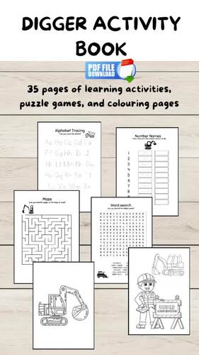 Digger Kids Activity Book Printable, Colouring Sheets, Puzzle Games,