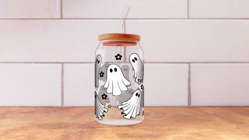 Ghost Flower Can Glass Wrap SVG 16oz, Halloween Glass Can, Boho Ghost Wrap
