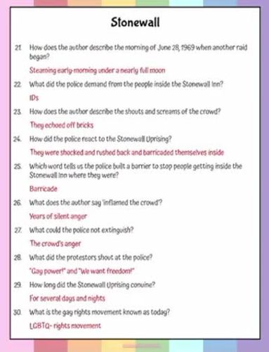 Stonewall - Pride Month Book Companion Comprehension Questions Worksheets
