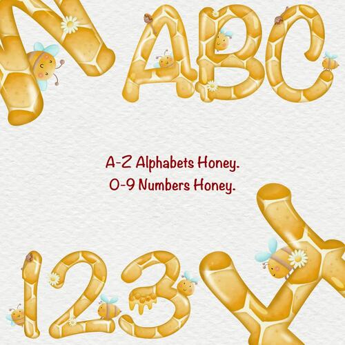 Alphabets and Numbers honey watercolor clip art PNG by ArmyMagic