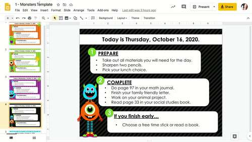 Editable Morning Work Presentation Google Slides PPT Templates | Monsters