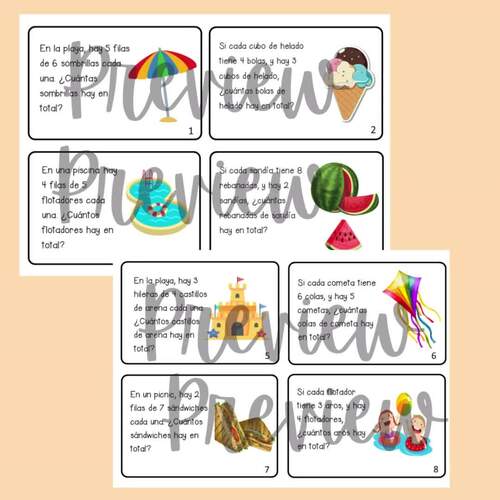 Tarjetas de Problemas de Multiplicación para el Verano | TPT