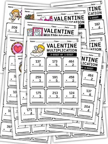 VALENTINE'S DAY MATH WORKSHEETS | 3-DIGIT BY 1-DIGIT MULTIPLICATION ...