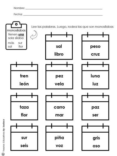 Clasificación y división de sílabas Monosílabas y bisílabas | TPT