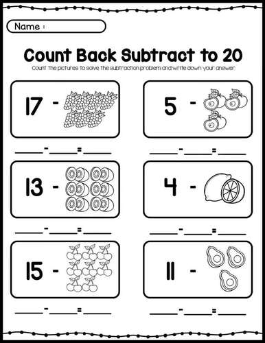 Counting Back Subtraction Strategy Worksheets to 20 With Picture by ...