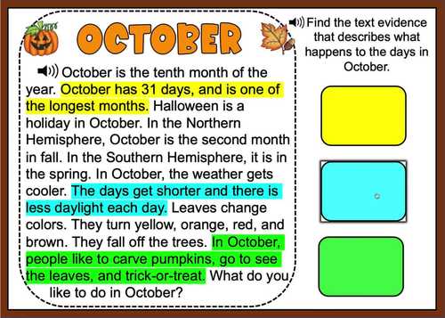 October Finding Text Evidence Task Cards Digital Reading Boom Cards