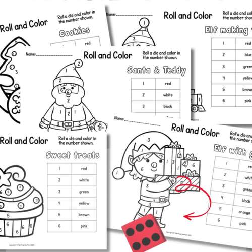 Christmas Roll and Color Math No Prep Worksheets | Kindergarten First Grade