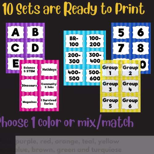 Book Bin and Library Bin Labels Editable Set of 10 Bright Colors