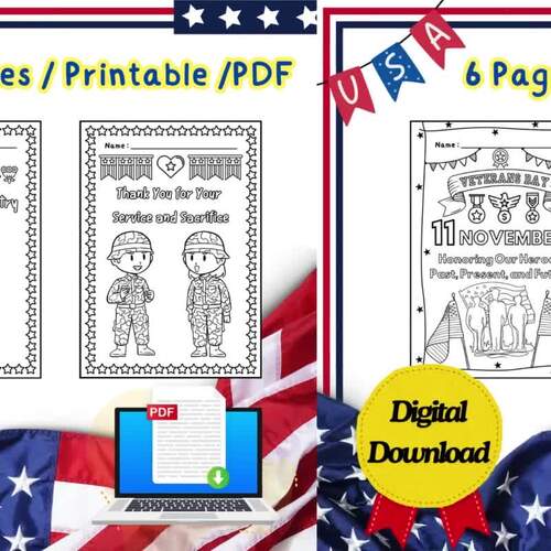 Veterans Day Activity Pack: Coloring, Letter, Word Search , 6 Pages(PDF)