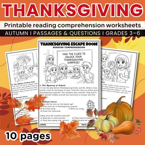 Thanksgiving Escape Room Reading Comprehension Worksheets, Passages ...