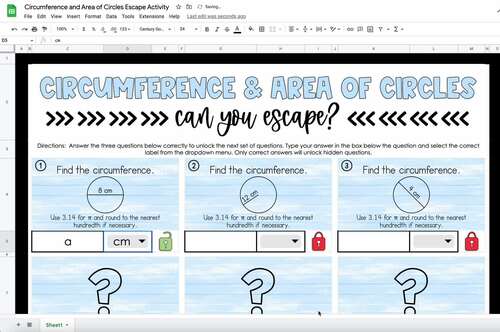 Circumference and Area of Circles Self-Checking Digital Escape Activity