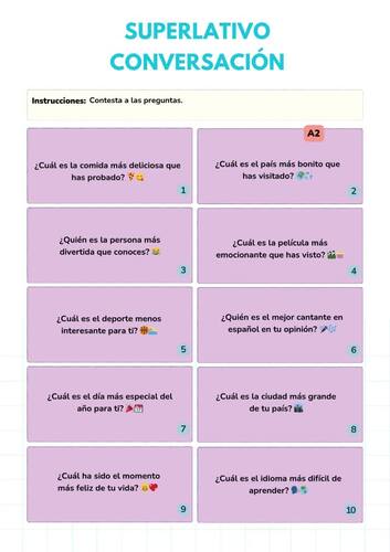 SUPERLATIVE SPANISH CONVERSATION CARDS SUPERLATIVO ESPAÑOL CONVERSACIÓN