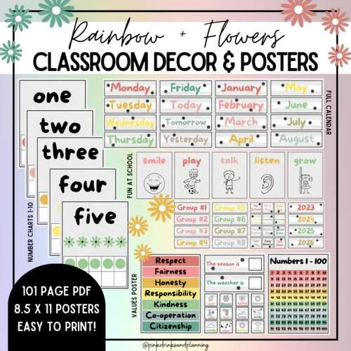 Rainbow & Flowers Classroom Decor & Posters by Pink Drinks and Planning