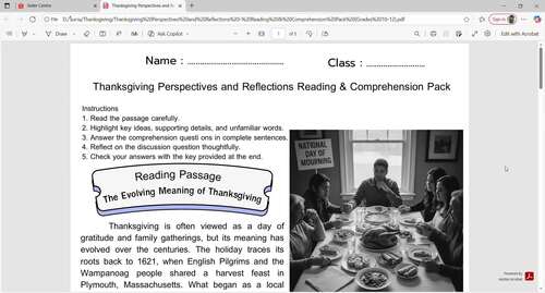 Thanksgiving Perspectives and Reflections – Reading & Comprehension ...