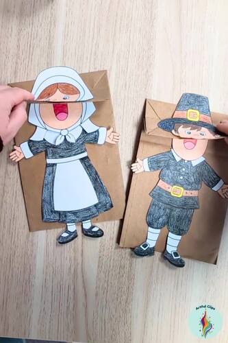 Pilgrim Craft Boy & Girl Paper Bag Puppets Thanksgiving Craftivity ...
