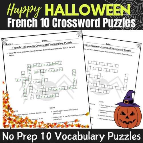 Halloween in French Crossword Vocabulary 10 Puzzles Mots croisés Vocabulary