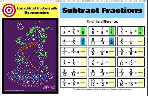 Subtract Fractions with Like Denominators Differentiated Pixel Art Activity