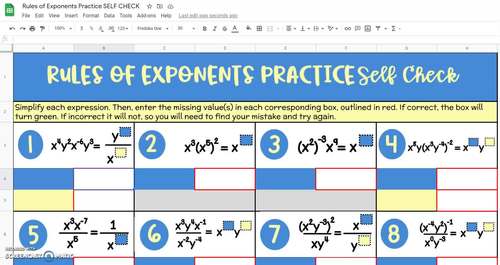 Laws of Exponent Rules Properties Self Checking Google Sheets DIGITAL ...