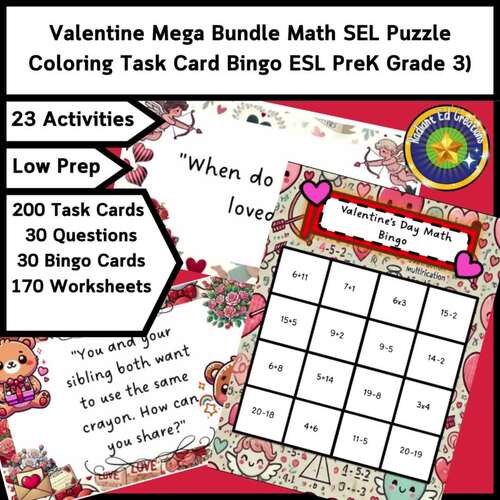 Valentine Mega Bundle Math SEL Puzzle Coloring Task Card Bingo ESL PreK ...