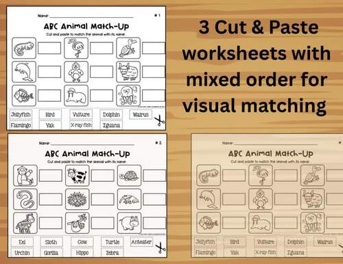 ABC Animal Alphabet Matching Worksheets Cut & Paste Letter Recognition ...