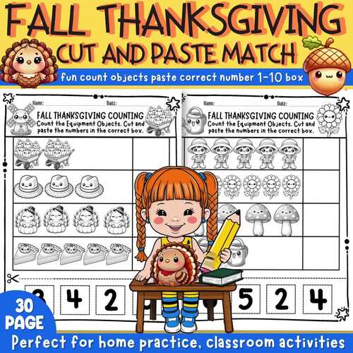 Fall Thanksgiving Cut and Paste Activity – Count and Match Numbers 1-10