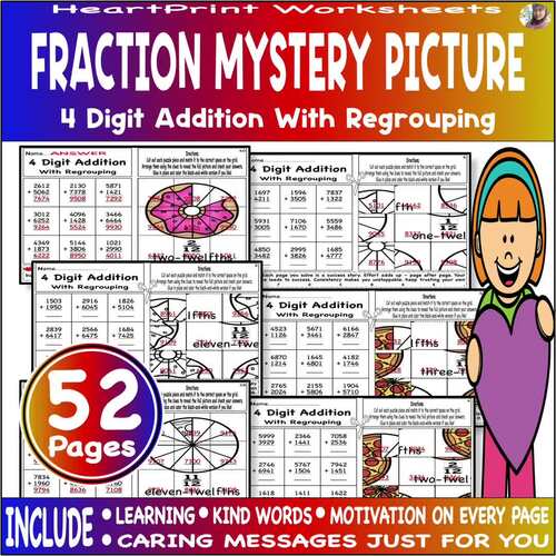 4 digit addition with regrouping : Fraction Mystery Picture Fun ...