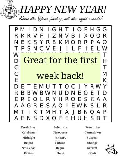 First Day Back From Winter Break- New Years Word Search/Writing Activity