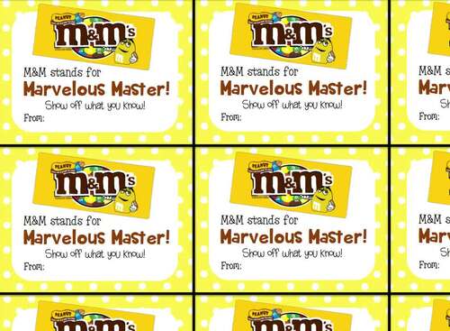 Peanut M&M's Testing Motivation Treat Tag-M&M stands for Marvelous Master!