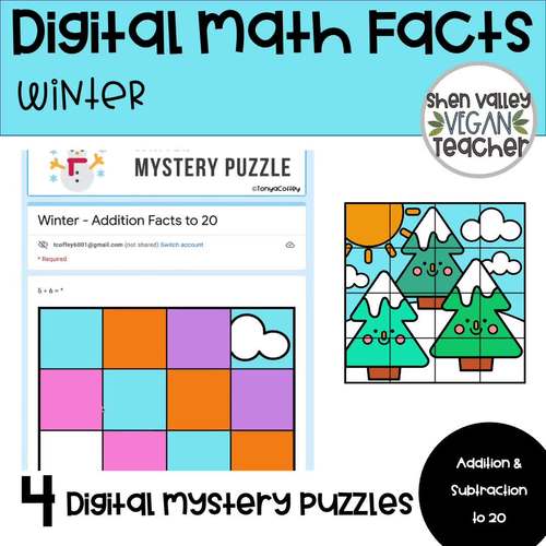 4 Mystery Puzzles Digital Math Facts WINTER Addition & Subtraction to 20