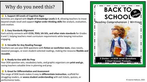 Back to School Reading Comprehension & Writing Activities | Middle ...