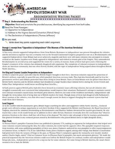 American Revolutionary War Argumentative Writing Packet | TPT