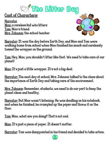 Earth Day Reader's Theater Littering Grade 2-6 Fluency Spring ...