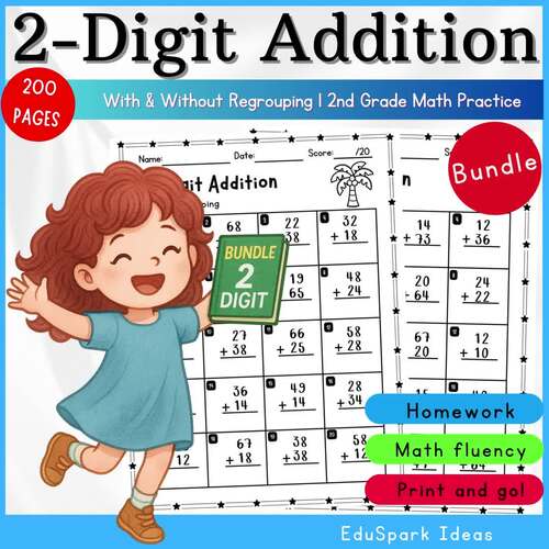 2-Digit Addition Worksheets Bundle | With & Without Regrouping | 2nd ...