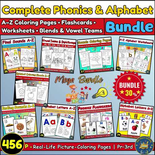 Complete Phonics Cards & Coloring Bundle | A–Z Alphabet +Sounds ...
