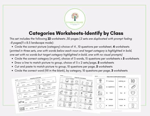Categories worksheets-Identify class-30 pages, ABLLS-R aligned | TPT