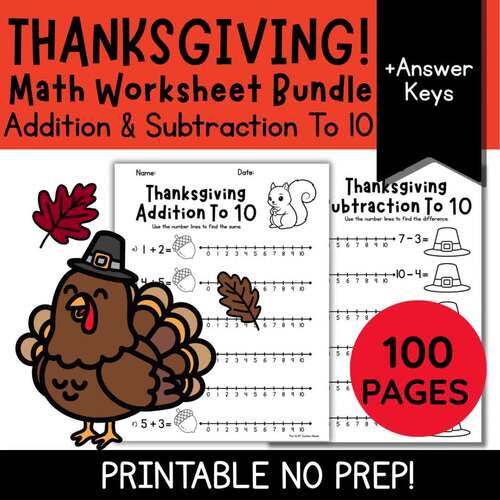 Thanksgiving Addition & Subtraction To 10 | Math Worksheet Bundle