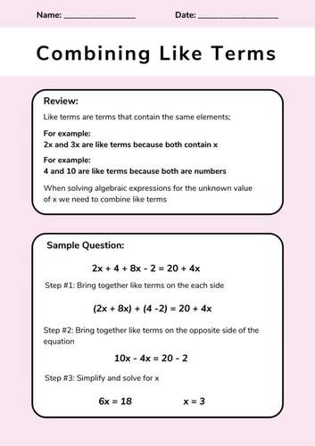 Combining Like Terms Guide and Worksheet for 7th Grade by The ETI Academy