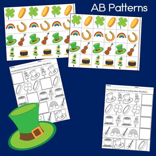 Saint Patricks Day AB, ABC, AAB & ABB Patterning Math Center & Worksheets