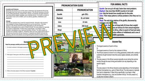 Savannah Animals Reading Comprehension Passage Sub Plan for 5th, 6th ...