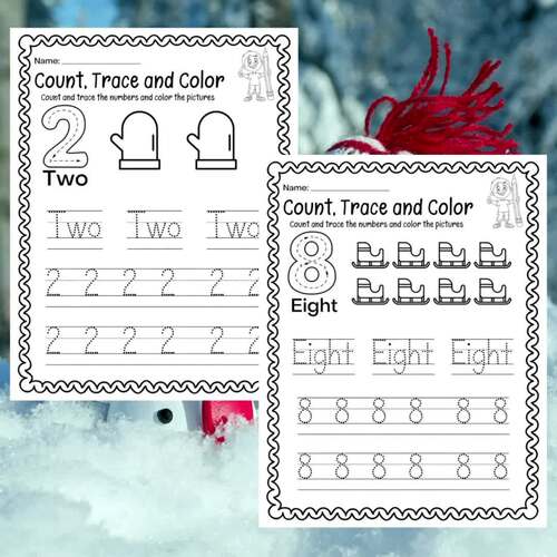 Winter Count, Trace and Color - Number Practice | Christmas Math Worksheets